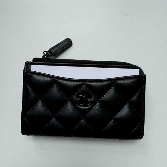 CHANEL | Bags | Chanel Lambskin Quilted Cc Zip Around Card Holder Black ...